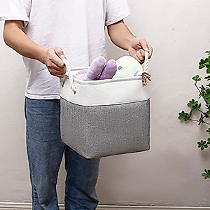 MidmmVick 11 x 11 Inch Cube Storage Bins, 6 Pack Large Collapsible Fabric Storage Bin with Ropes, Foldable Storage Cubes for Home, Office,Closet, Clothes, Toys Organizer (White & Grey)