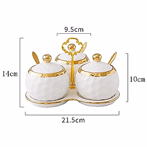 Buric Porcelain Condiment Jar, 3pcs Spice Container Set with Spoon and Tray for Sugar Bowl Serving Tea, Coffee, Spice (White)
