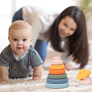 TuiVeSafu 6PCS Baby Stacking Nesting Rings Toy,Soft Building Circle Squeeze Teether,Toddlers Sensory Early Educational Toy with Number,Shape,Fruits,Letters Learning Toy for 6+ Months Boys or Girls