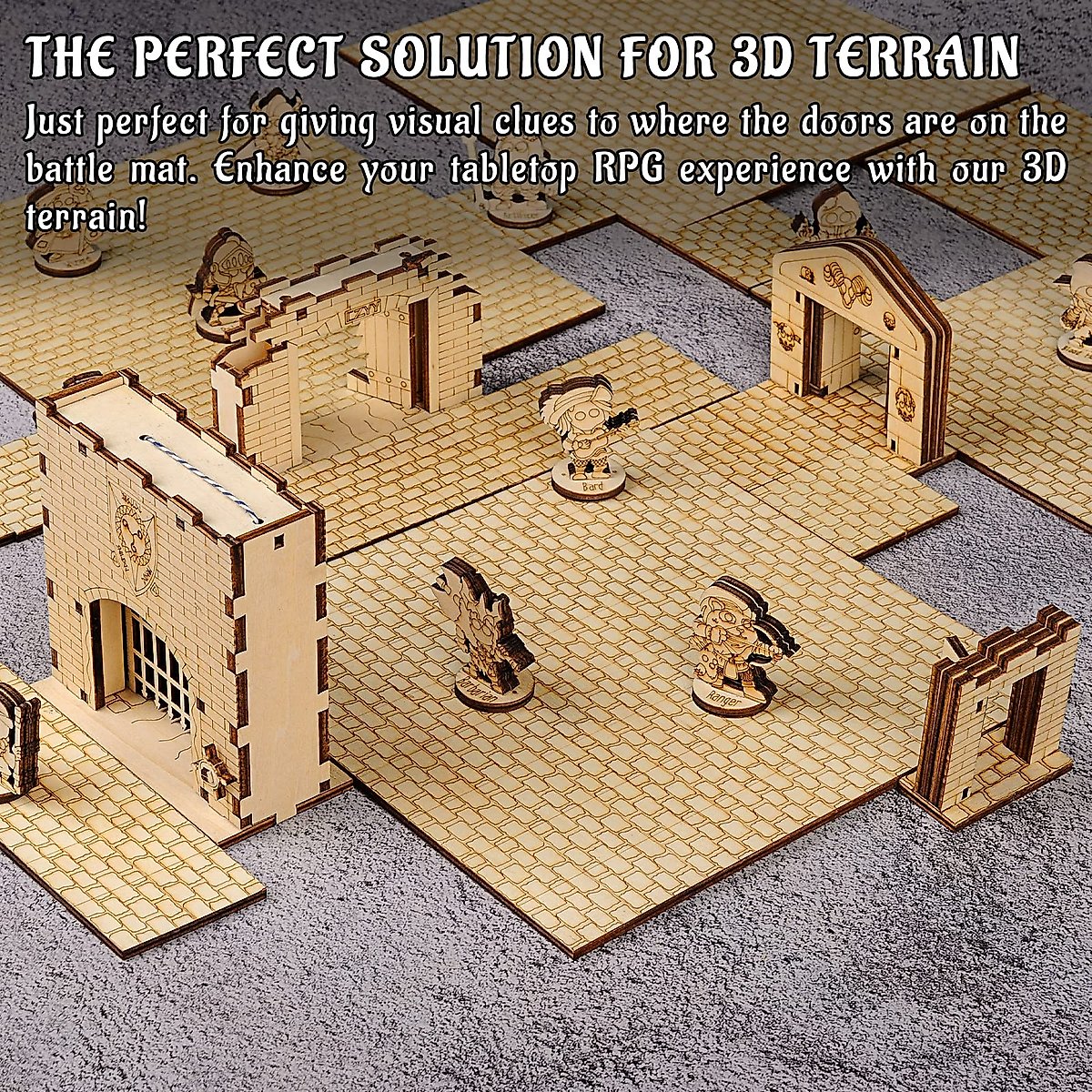 Dungeon Door & Portcullis Gate Miniatures (Set of 4) Wooden Laser Cut Open and Closed Fantasy Terrain 28mm Scale for Dungeons & Dragons, Pathfinder, D&D and Other Tabletop RPG