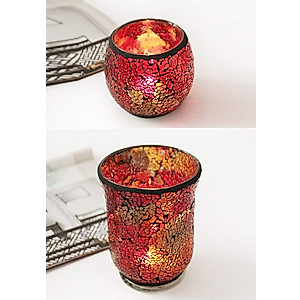 Two-piece Orange Red Mosaic Glass Tea Light Candle Holder Ball and Wind Lantern Shape Votive Candleholder Romantic Handmade Gifts Christmas Candlestick Holders Home Decor Wedding Party Table Decor