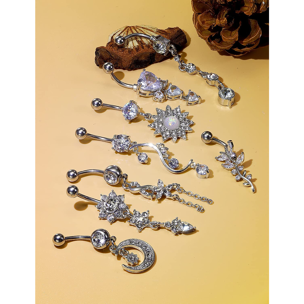 Vsnnsns 14G Belly Button Rings for Women Stainless Steel CZ Opal Long Dangle Belly Button Piercing Jewelry Belly Rings Bars Curved Navel Ring Barbell Body Jewelry Piercing for Women Men Silver 8Pcs