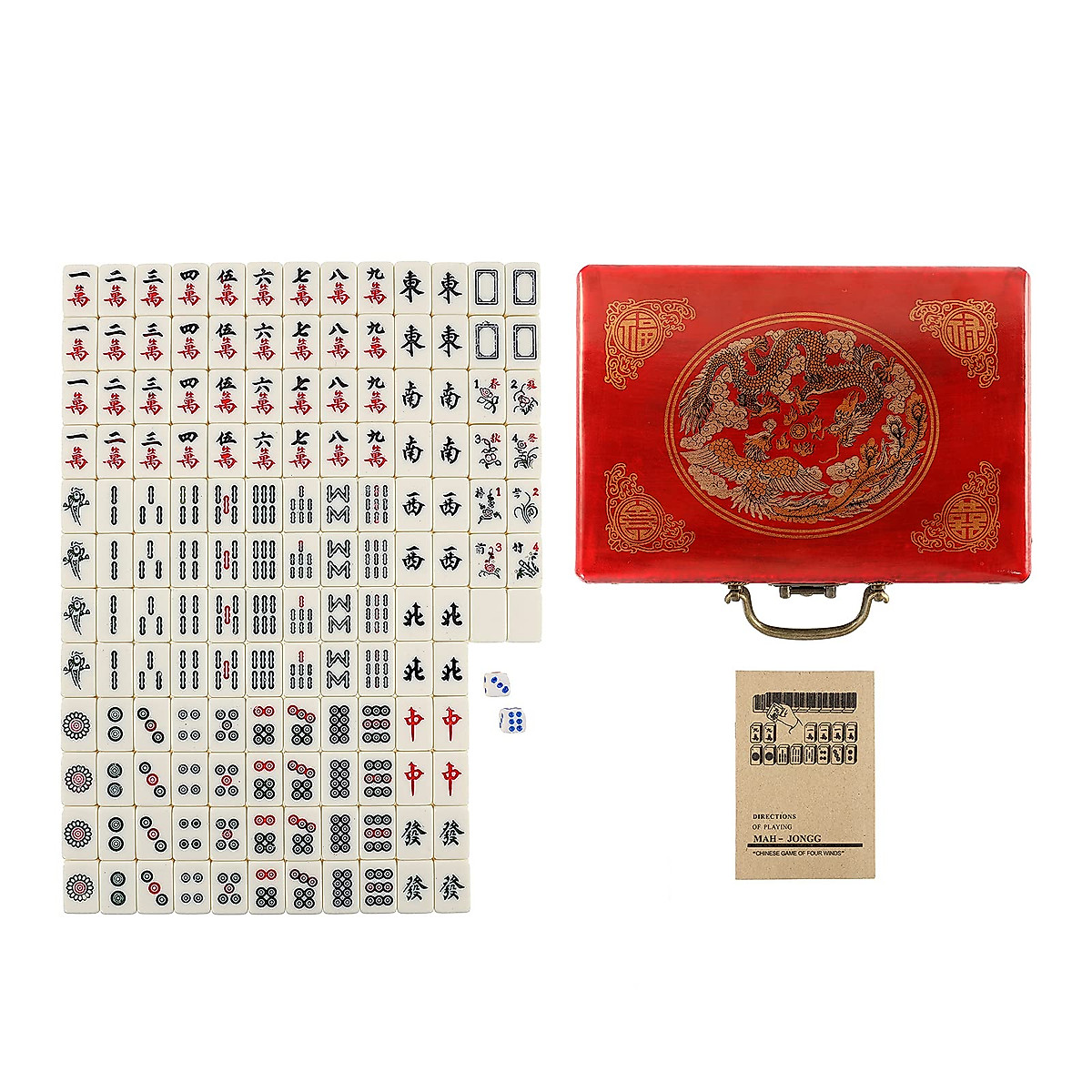 IRONWALLS Chinese Majong Set, 146PCS Mahjong Tile Set with 1” Majongg Tiles, 2PCS Dice & Wooden Carrying Case Box, Complete Majong Game Sets for Travel Party Family Game