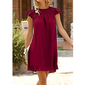 KIRUNDO Wedding Guest Shift Dresses for Women Short Spring Summer Ruffle Cap Sleeve Chiffon Babydoll Flowy Mini Sundress(Jujube Red, Medium)