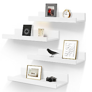 LaVie Home Floating Shelves for Wall Storage Set of 4, 16 Inch Picture Ledge Shelf, White Wall Shelves with Lip for Kitchen, Bedroom, Bathroom, and Living Room