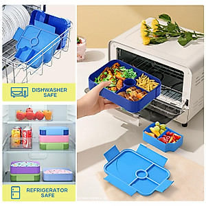 HOMETALL Bento Box for Kids - Leakproof Bento Lunch Box with 6 Compartments Portions Lunchbox for Kids Ages 3 to 7 Back to School, BPA-Free Reusable On-the-Go Meal and Snack Packing Containers, Blue