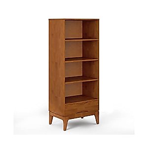 SIMPLIHOME Harper SOLID HARDWOOD 60 inch x 24 inch Mid Century Modern Bookcase with Storage in Teak Brown with 1 Drawer and 4 Shelves, for the Living Room, Study and Office