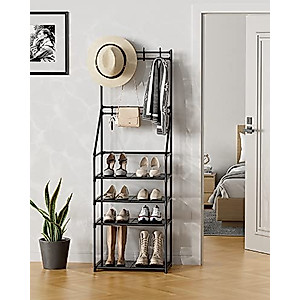TIMEBAL Shoe Rack Coat Hat Rack, Stackable Shoe Storage Organizer, holds 8 Pair Shoes and Boots and hangs Coats & Hats, Durable Metal Pipes Shoe Shelf Organizer for Entryway, Hallway, Living Room