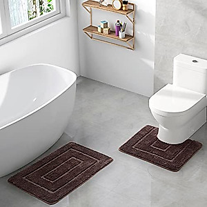 WPM Bathroom Rugs and Shower Curtain Set. Animal Leopard Print Luxury Absorbent Bath Rug Contour mat, Non Slip Plush Carpet for Floor. Fabric Shower Curtain, Hooks and Towel Set (Animal Coffee)