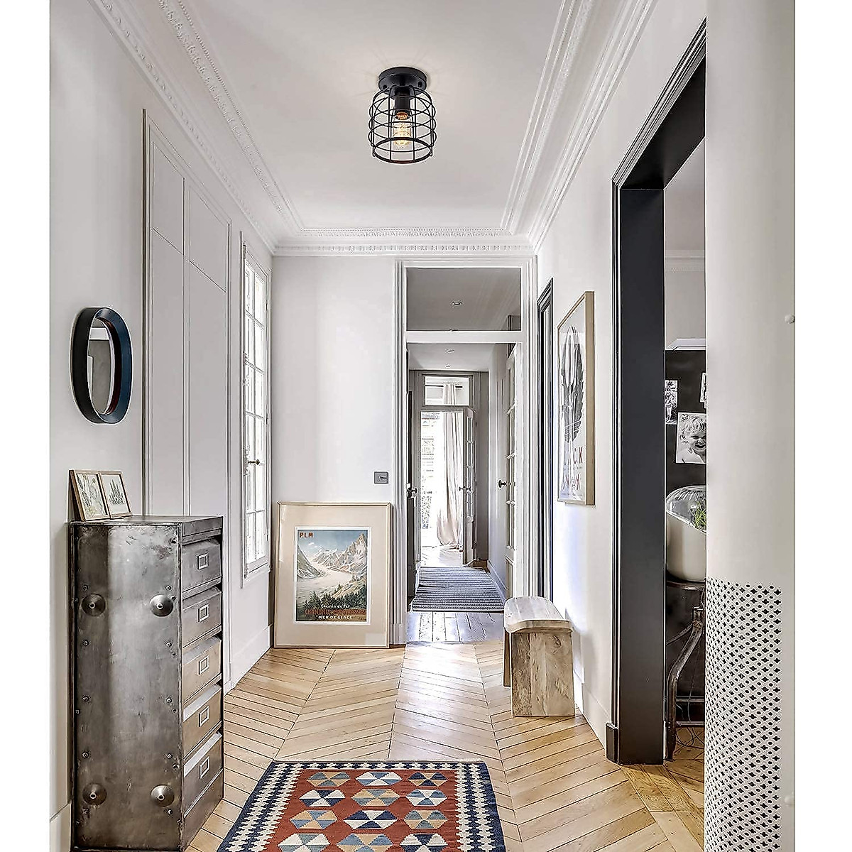 Industrial Black Semi Flush Mount Ceiling Light, Farmhouse Mini Cage Ceiling Lighting Fixture, Vintage Caged Ceiling Lamp for Entryway, Kitchen, Bedroom, Laundry Room, Hallway, Dining Room