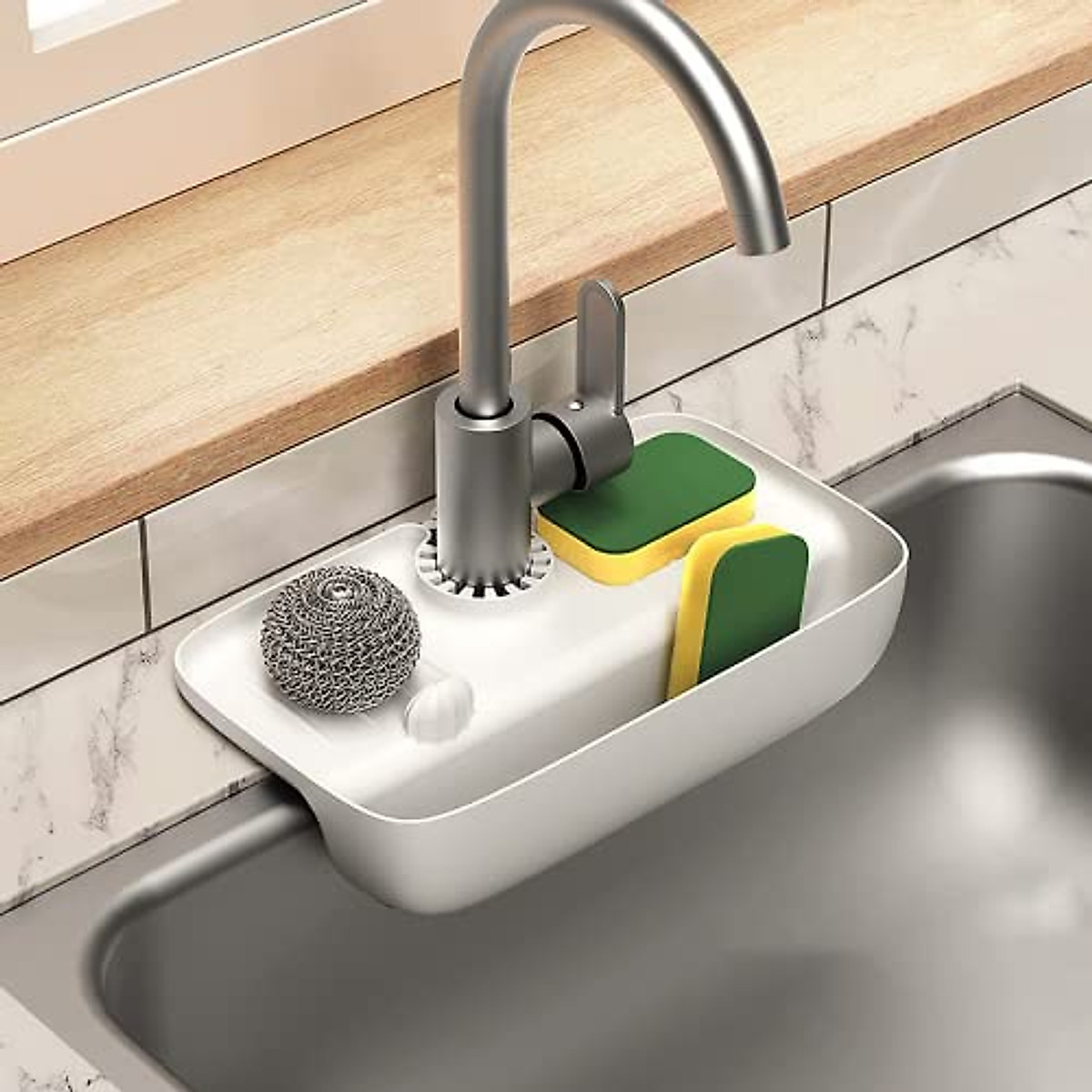 Kitchen Sink Sponge Holder Sink Caddy Hanging Kitchen Sink Organizer Anti-Splash Quick Drain Sponge Soap Holder Storage Rack (White, 27cm*14cm)
