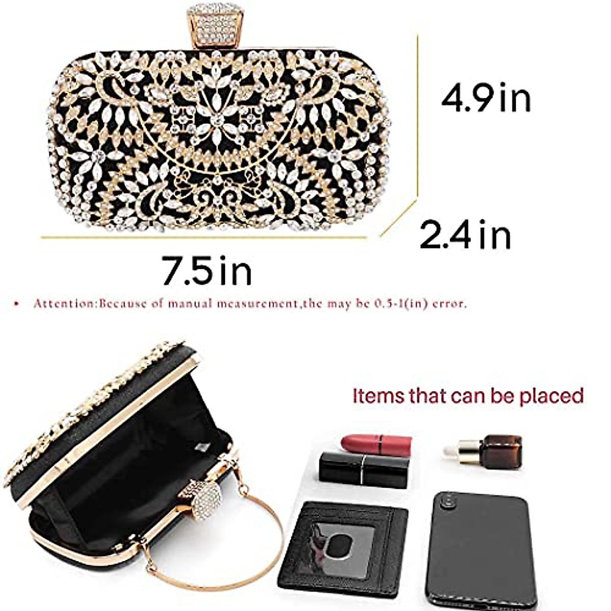 Yokawe Womens Crystal Evening Clutch Bag Bridal Wedding Purse Rhinestone Party Prom Handbag (Black)