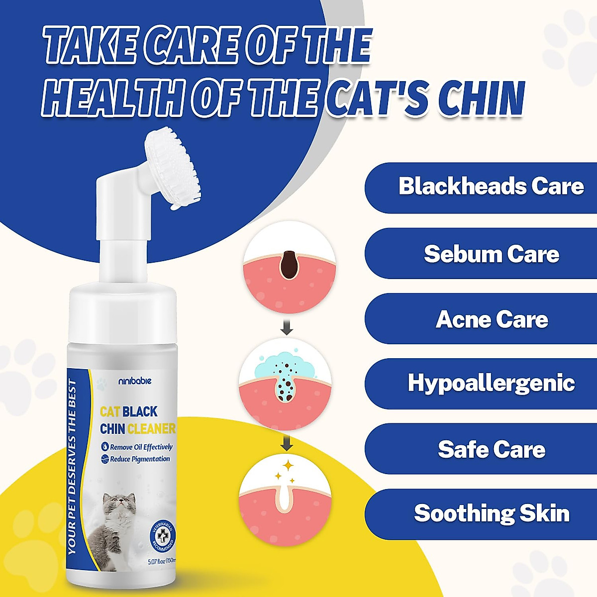 Ninibabie Cat Black Seed Cleaner,Remove Cat Chin Blackheads,Cat Acne Chin Treatment,2-in-1 Wash and Brush,Cruelty-Free and Freshness 5.07 fl.oz