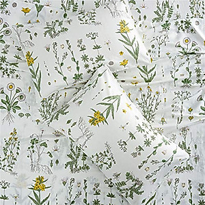 Wake In Cloud - Botanical Sheet Set, Yellow Flowers and Green Leaves Floral Garden Pattern Printed on White, Soft Microfiber Bedding (4pcs, Queen Size)