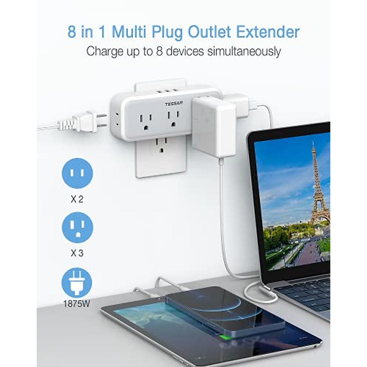 Multi Plug Outlet Splitter, TESSAN 5 AC Surge Protector Outlet Extender with 3 USB Wall Charger, Multiple Plug Expander for Home Office Dorm Room Essentials