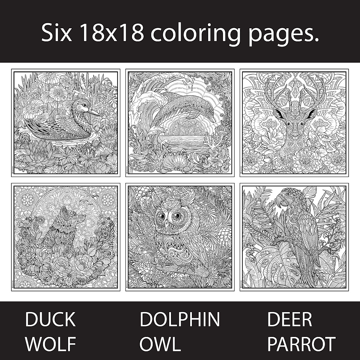 Young N Refined 6 Pack of Large Adult Coloring Poster Pages Animals Made of Mandala Floral (18x18)