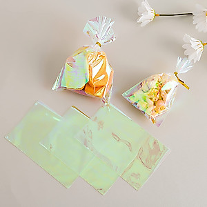Morepack Iridescent Holographic Cellophane Bags,5x7 Inch 100Pcs Party Favor Treat Bags with 5 Colors Twist Ties for Baby Showers Weddings Birthday Party