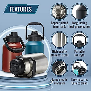 64 oz Vacuum Insulated Water Bottle | Easy Clean Half Gallon Stainless Steel Jug with Leak Proof Lid | Portable Bottle for Hot and Cold Drinks with Copper-Plated Interior (Red)