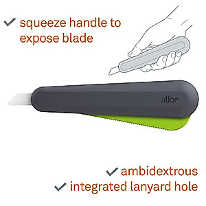 Slice 10563 Auto-Retractable Squeeze-Trigger Utility Knife, Safer Choice, Never Rusts, Lasts 11x Longer Than Metal, Finger Friendly Ceramic Blade, 1 Pack