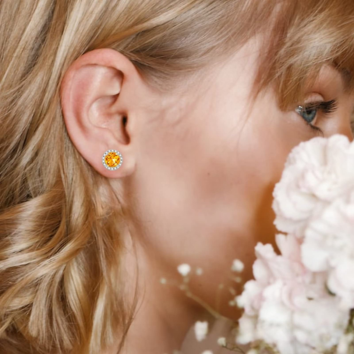 November Birthstone Stud Earrings for Women, 18K White Gold Plated S925 Sterling Silver Earrings Halo Round Cut Natural Citrine November Birthstone Stud Earrings for Women Anniversary Birthday Gifts