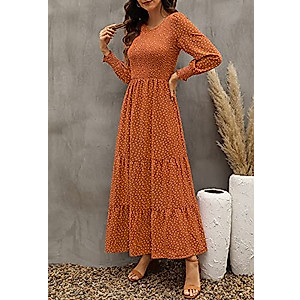 Kranda Fall Dresses for Women 2023 Round Neck Puff Long Sleeve Dress Smocked Ruffle Tiered Floral Maxi Dress Camel S