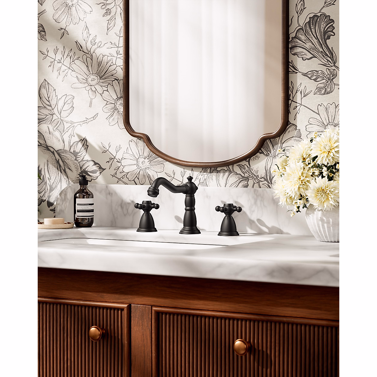 FORIOUS Antique Black Bathroom Faucets, Bathroom Sink Faucet Two Handle 3 Hole, Widespread Matte Black Bathroom Faucet with Metal Pop-up Drain & Supply Lines Faucet for Bathroom Sink, Farmhouse