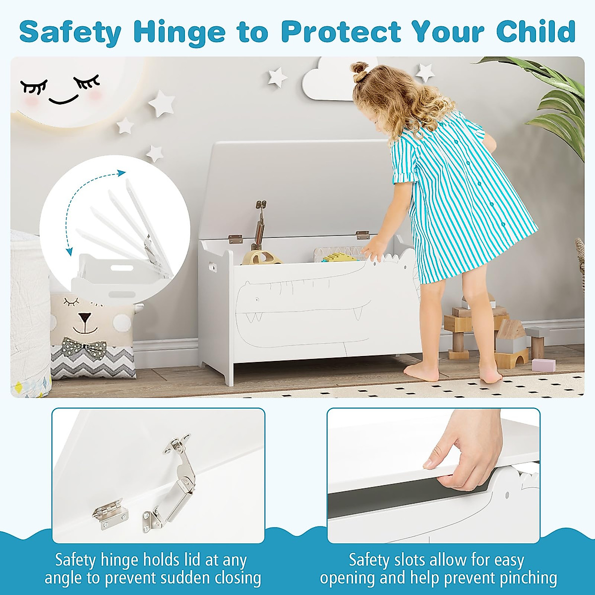 HONEY JOY Kids Wooden Toy Box, 3-in-1 Large Toy Trunk Chest w/Flip-Top Lid, Safety Hinge & Cut-out Handle, Storage Bench, Toddler Furniture for Playroom Bedroom, Gift for Boys Girls (White)