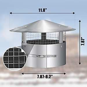 Bootuu 8 Inch Round Chimney Cap, 8 Inch Tapered Top Chimney Cap with Screen, 8 Inch Chimney Cap with Fastening Device with Screen, Stovepipe Finial, Stainless Steel