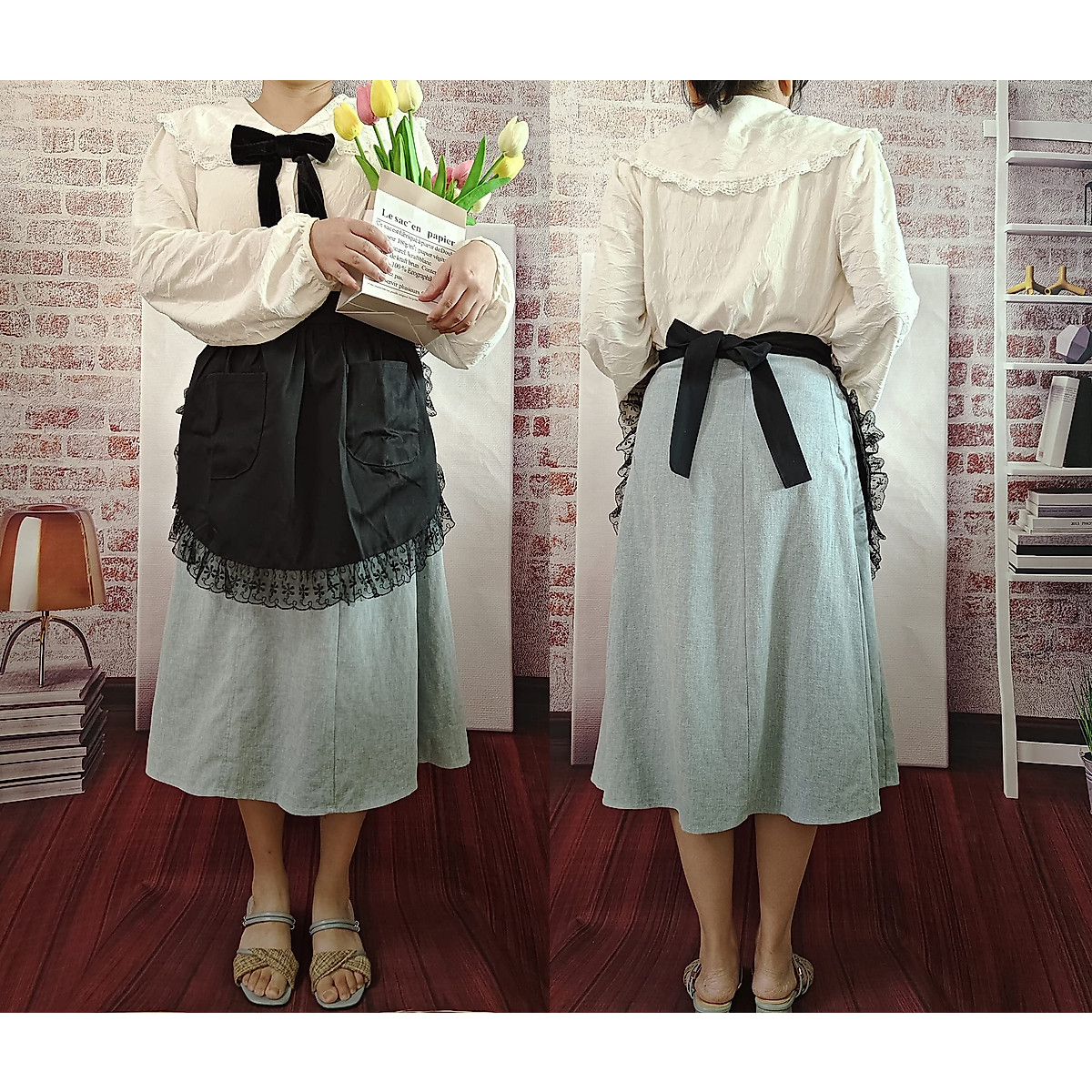 Vanoker Chef White Cotton Waist Aprons Home Kitchen Restaurant Photo Props Florist Shop Maid Waiter Waitress Lace Half Apron (White, 19.6L)