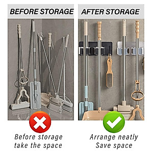 LINCAN Broom Holder Wall Mount, SUS304 Stainless Steel Mop Organizer, Heavy Duty Mop Broom Hanger with Hooks, Self Adhesive Storage Rack for Laundry Kitchen Garage Garden Storage, 3PCS