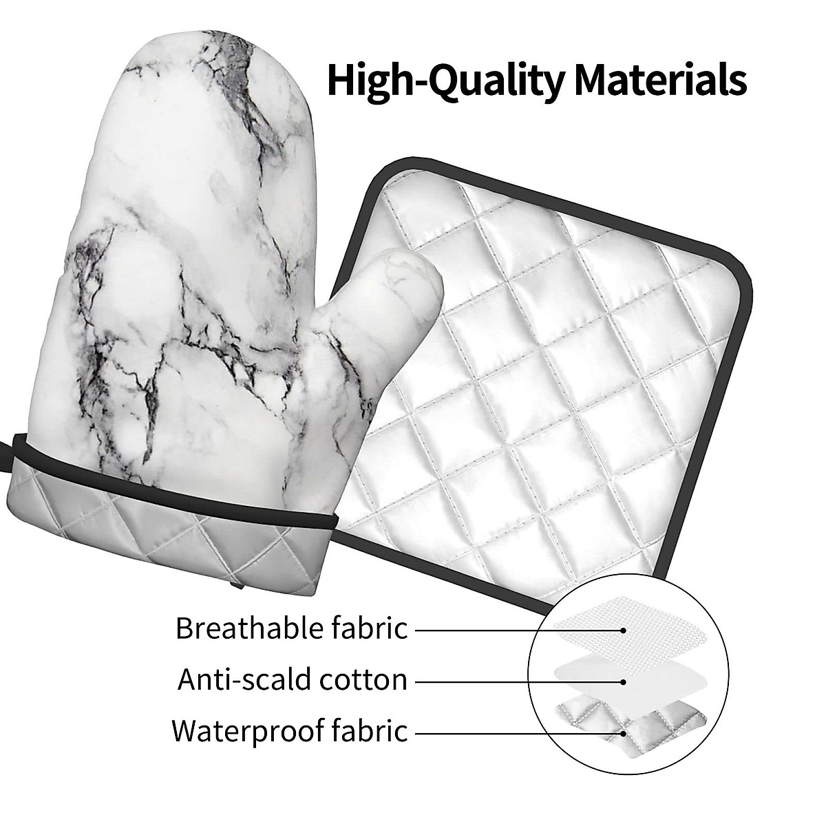 Simple White Marble Stone Funny Oven Mitt and Pot Holders Set Heat Resistant for Kitchen Cooking Baking Grilling Waterproof Non-Slip Thick Oven Gloves