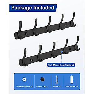 DECLUTTR 2 Pack Coat Rack Wall Mount, 5 Heavy Duty Wall Hooks for Hanging, Metal Wall Mounted Towel Rack Hat Rack for Mudroom Bathroom Entryway, Black