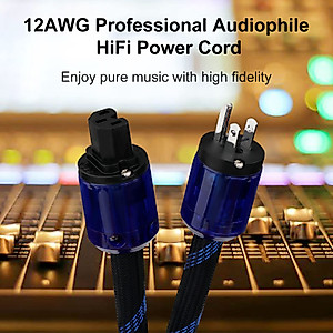 Monosaudio 12AWG Audiophile Power Cord HiFi Power Cable 125V 15A with Rhodium Plated Plug Braided Sleeve Audio Power Cable for Power Filters/Turntables/Amplifiers/CD&DAC Player(6.6FT/2M)