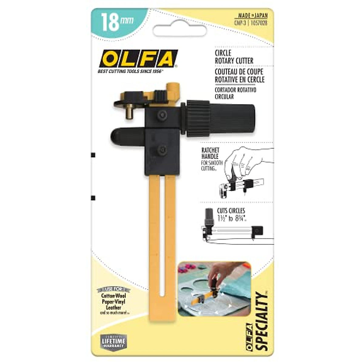 OLFA 18mm Rotary Circle Cutter (CMP-3) - Adjustable Rotary Blade Cutter w/ Ratchet Handle Cuts Perfect Circles for Crafts, Sewing, Quilting, Replacement Blade: OLFA RB18-2