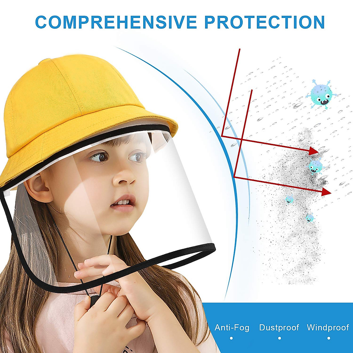 Kids Sun Hats with Removable Full Face Visor,Anti-dust UV Protective Bucket Hat Yellow