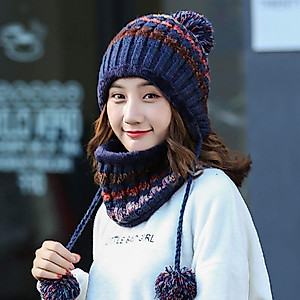 HUAMULAN Women Winter Beanie Hat Circle Scarf Set Pompoms Peruvian Ski Snow Ear Flaps Sherpa Knit Hats Fleece Lined Slouchy