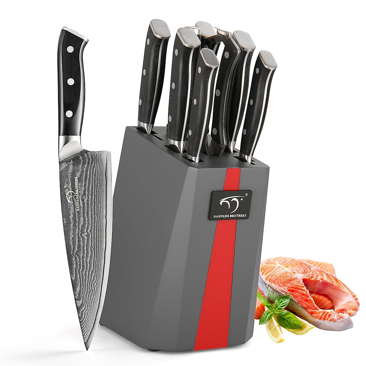 NANFANG BROTHERS Knife Set, 9 Pieces Damascus Kitchen Knife Set with Block, ABS Ergonomic Handle for Chef Knife Set, Knife Sharpener and Kitchen Shears, Knife Block Set