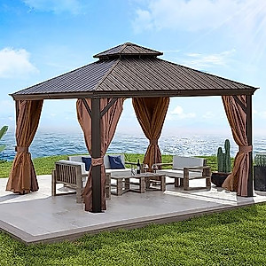 Zevemomo 12x12 ft Hardtop Gazebo, All Weather Outdoor Gazebo with 2 Tiered Steel Roof and Aluminum Frame, Permanent Gazebo with Mosquito Netting and Curtains for Deck, Patio, Backyard, Dark Brown