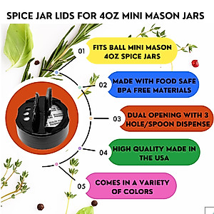 Jarming Collections 4 Oz Miniature Storage Jar Spice Lids - Plastic Pour & Shaker Lids For Miniature Storage Jars - Fits 4 oz Miniature Storage Jars - 48mm - Made in the USA (12 pcs., Black)