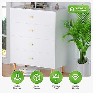 Greenvelly White 4 Drawer Dresser, 44” Tall Modern Dressers with Golden Metal Legs, White Dressers with 4 Drawers, Wood Storage Chest of Drawers for Bedroom, Living Room