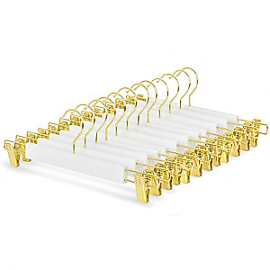 Amber Home 24 Pack 14.17" Solid White Wooden Pant Skirt Hangers with Gold Hook, Bottom Hangers for Slacks Trousers Jeans with 2-Adjustable Gold Clips (White, 24 Pack)