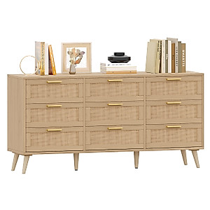 Rovaurx 9 Drawer Double Dresser for Bedroom, Rattan Chest of Dressers, Modern Wooden Dresser Chest with Golden Handles, Beside Table for Closet, Living Room and Entryway, Natural