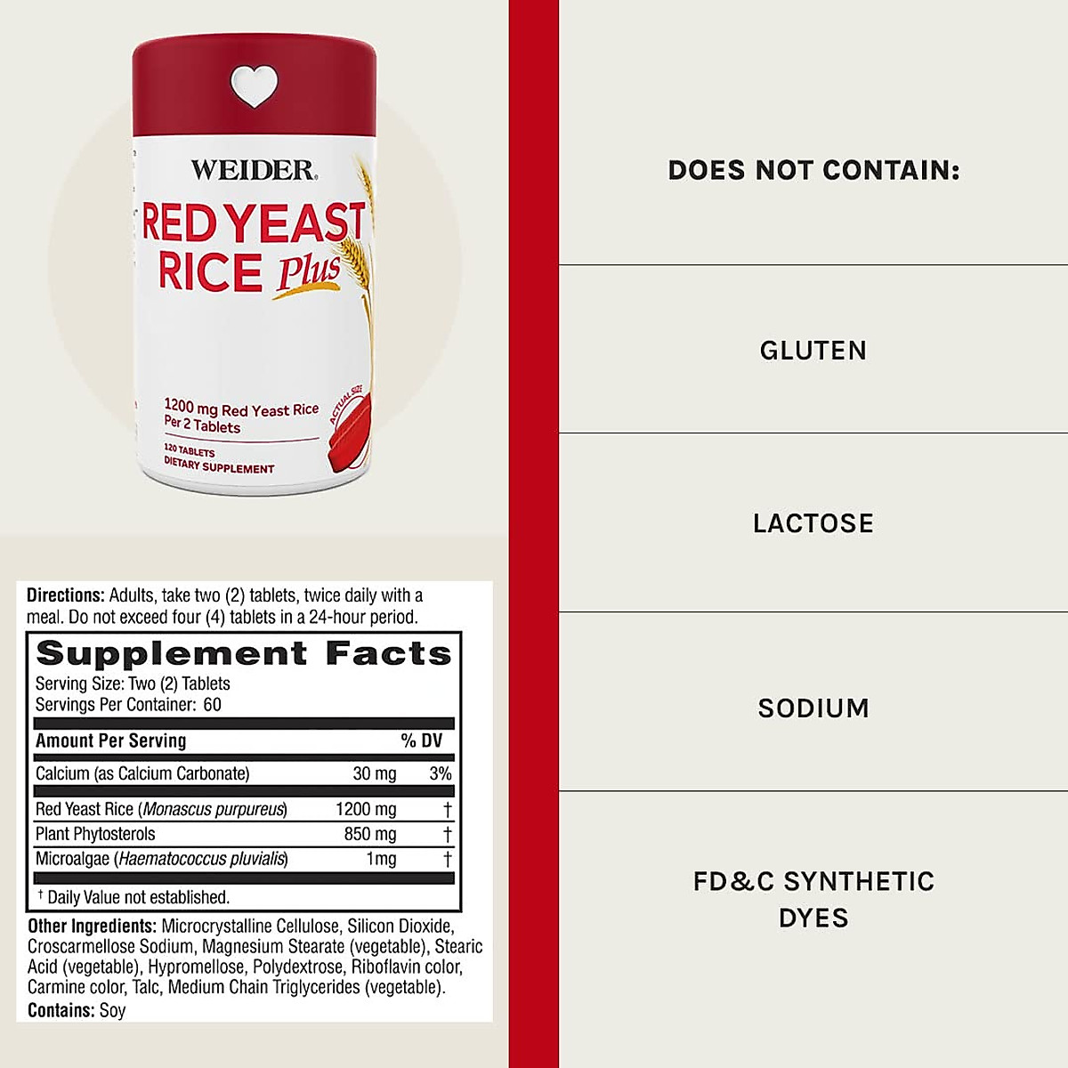 Weider Red Yeast Rice Plus 1200mg - With 850mg of Natural Phytosterols- Gluten FREE - One Month Supply