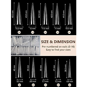 500Pcs Stiletto Nail Tips for Acrylic Nails, XL Long Clear False Nails Tips Soft Traceless, Half Cover Tapered Square False Nail Tips for Nail Extension Nail Art, Home DIY Nail Salon 10 Sizes