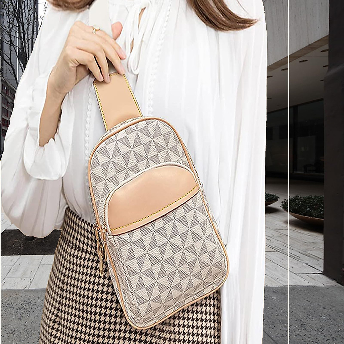 Sling Bag for Women Small Belt Chest Bum Bag Checkered waist Fanny Pack Crossbody for women Designer-Perfect for On-the-Go Style (White)