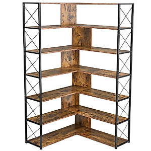 Corner Bookcase, 7-Tier L-Shaped Tall Bookshelf with Open Storage, Freestanding Industrial Etagere Shelf with Metal Frame for Home Office Funiture, Brown