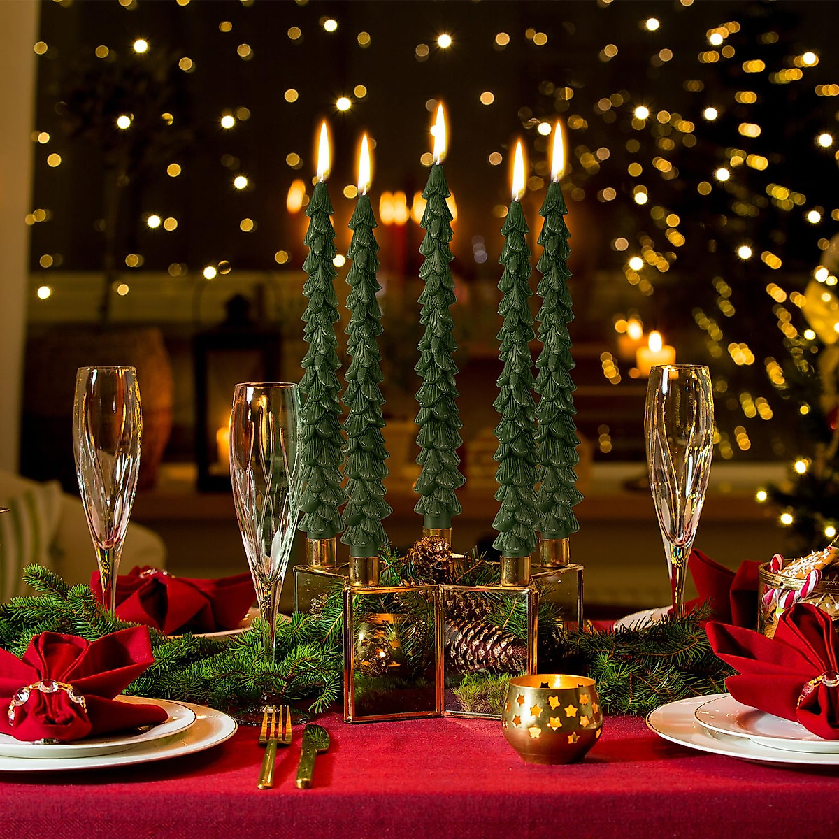 MTLEE 6 Pcs Christmas Tree Shaped Taper Candles Unscented Tree Candle Decorative Christmas Tree Candles Gift for Christmas Kwanzaa Festival Celebration Decor (10 Inch,Green)