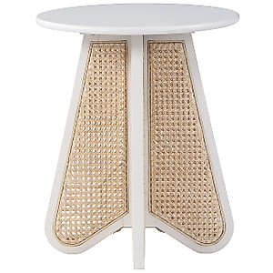 Meridian Furniture 208White-ET Butterfly Collection Mid-Century Modern End Table with Solid Wood White Finish, Oak Veneer Top, Natural Cane, 20" W x 20" D x 22" H, White