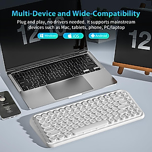 Wireless Bluetooth Keyboard, 2.4GHz Typewriter Retro Keyboard, 84 Keys Portable Office Computer Keyboard with 2xAA Batteries and Cute Floated Round Keycaps for Windows Android PC Laptop Mac iPad,White