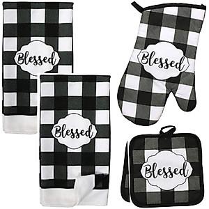 Buffalo Check Decor - Kitchen Linens - Dish Towel Set (5 Pc) Classic and Blessed Black and White Buffalo Check - Kitchen Towels - Oven Mitt - Pot Holders - Kitchen Decorations - Hand Towels